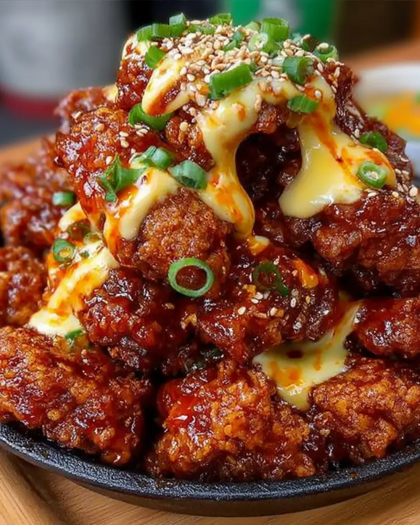 Korean Spicy Fried Chicken with Cheese Sauce made easy! - Tasty Delice