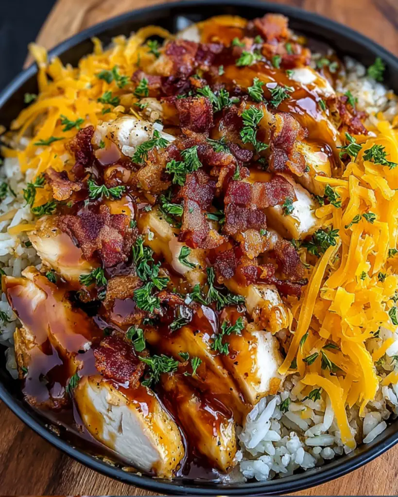 BBQ Chicken Bacon Bowl with Rice and Cheddar Cheese delights! - Tasty ...
